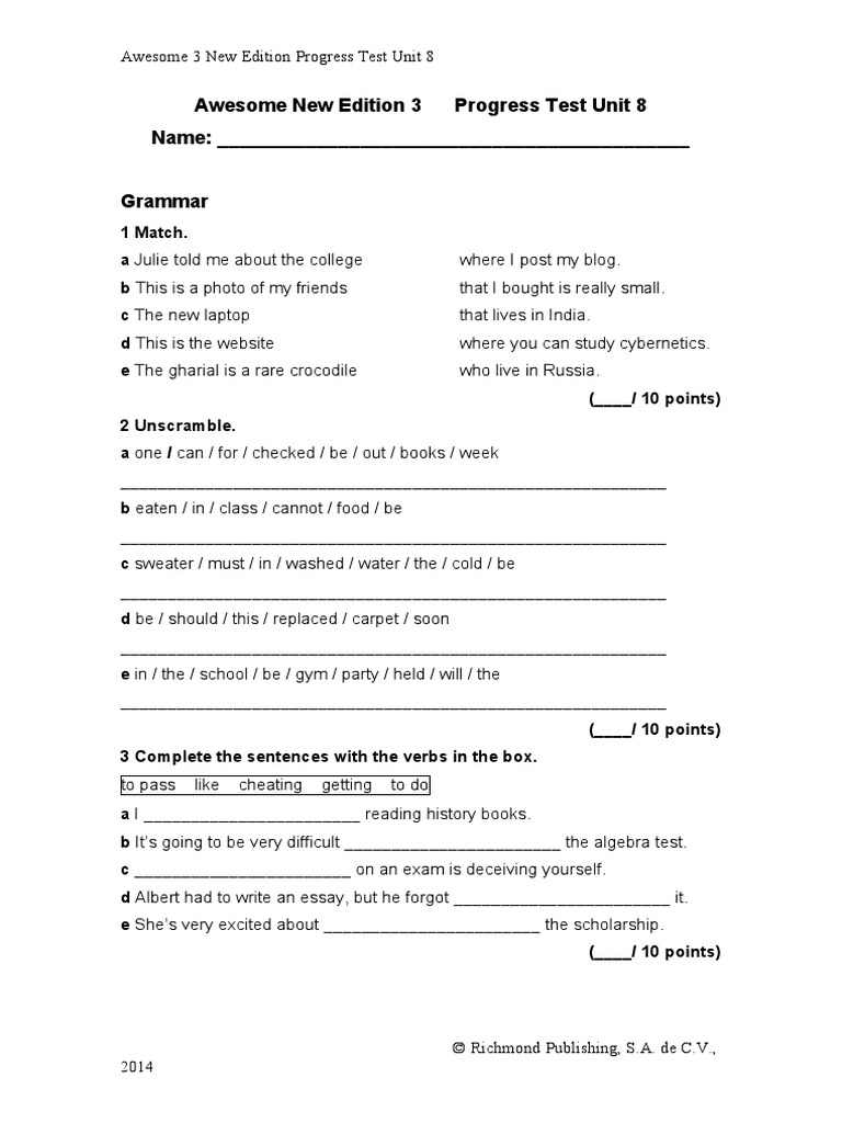 Awesome 3 Progress Test Unit 8 | PDF | Linguistic Morphology | Linguistics