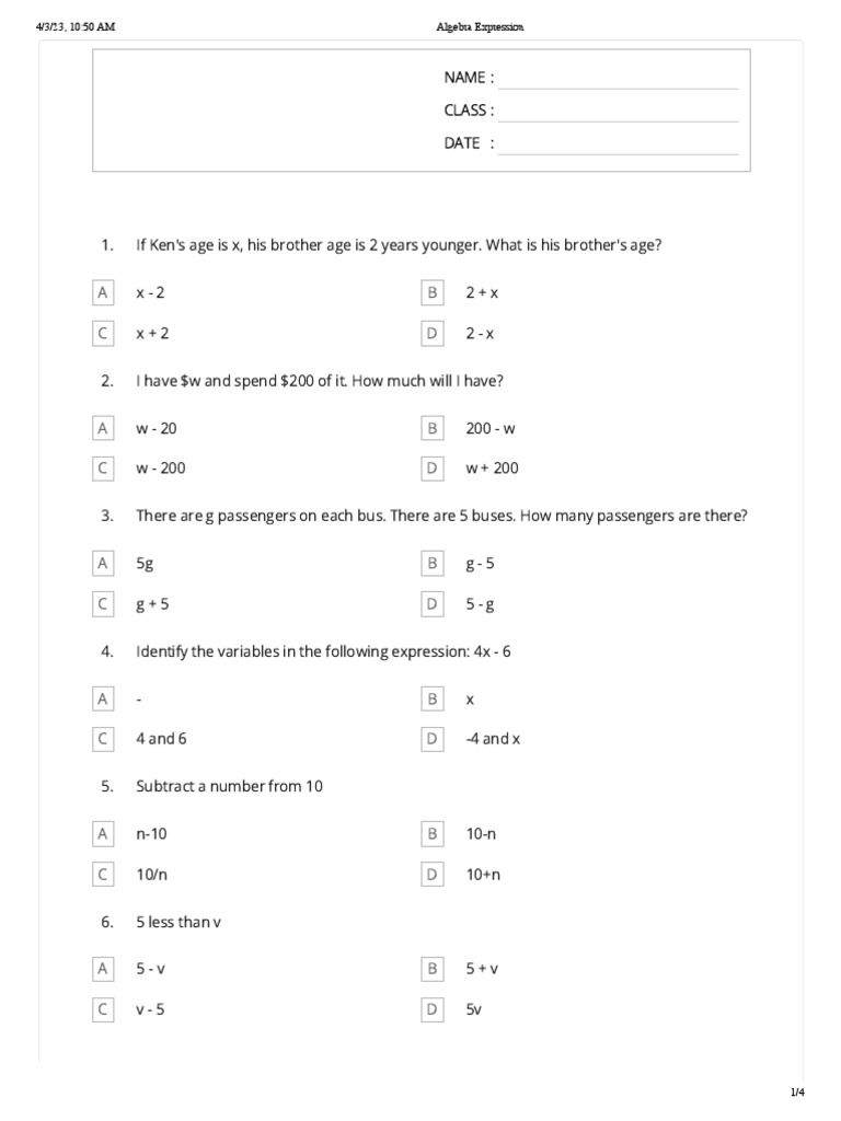 Algebraic Expressions and Equations | PDF | Mathematics | Algebra