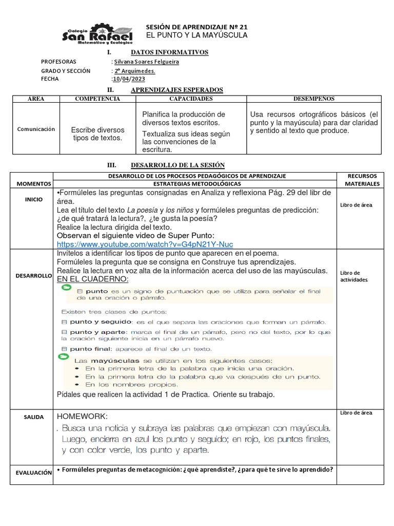 Sesión de Aprendizaje #21: El Punto Y La Mayúscula | PDF | Aprendizaje ...