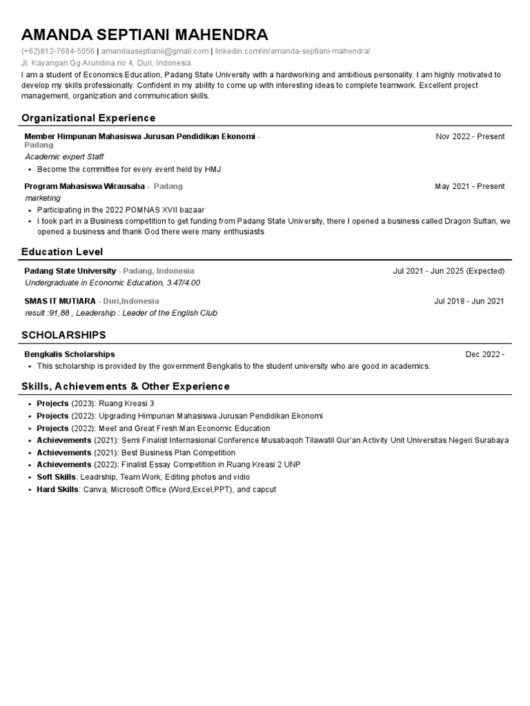 AMANDA SEPTIANI MAHENDRA-resume (2) | PDF