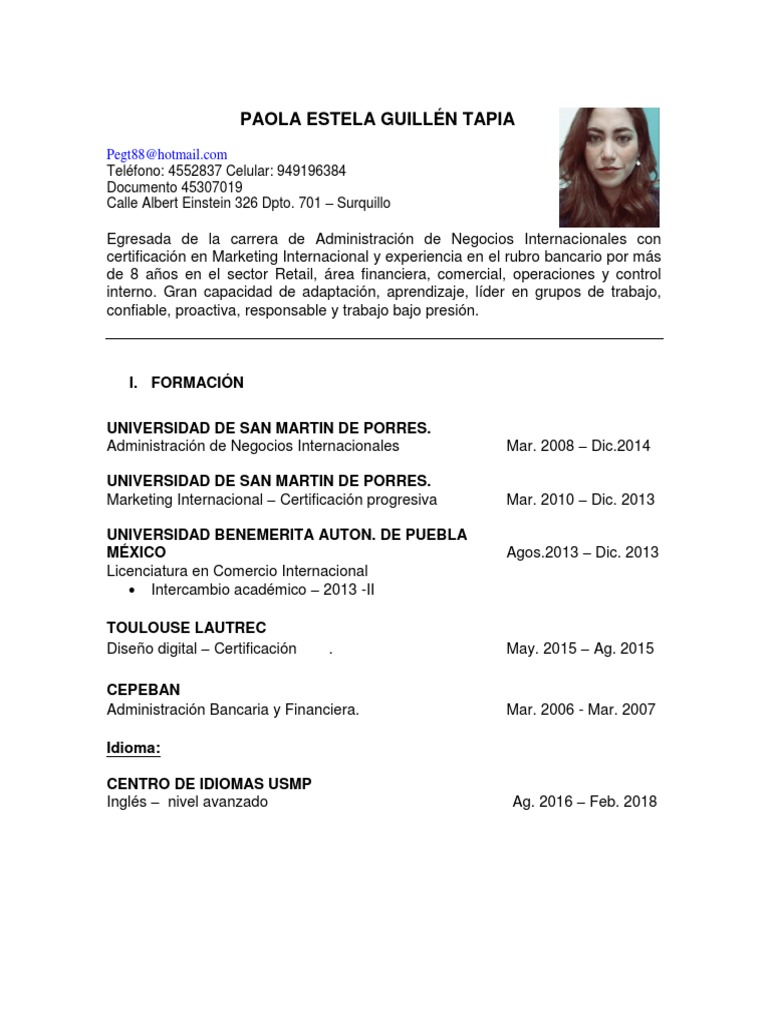 Guillen Tapia Paola Curriculum | PDF | Bancos | Sector privado