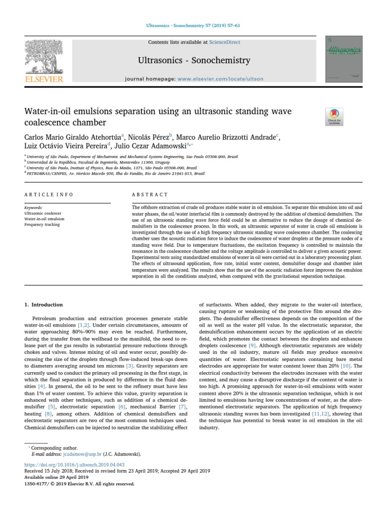 Water-In-Oil Emulsions Separation Using An Ultrasonic Standing Wave ... Water-In-Oil Emulsions Separation Using An Ultrasonic Standing Wave ...