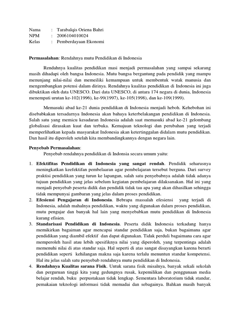Permasalahan: Rendahnya Mutu Pendidikan Di Indonesia | PDF