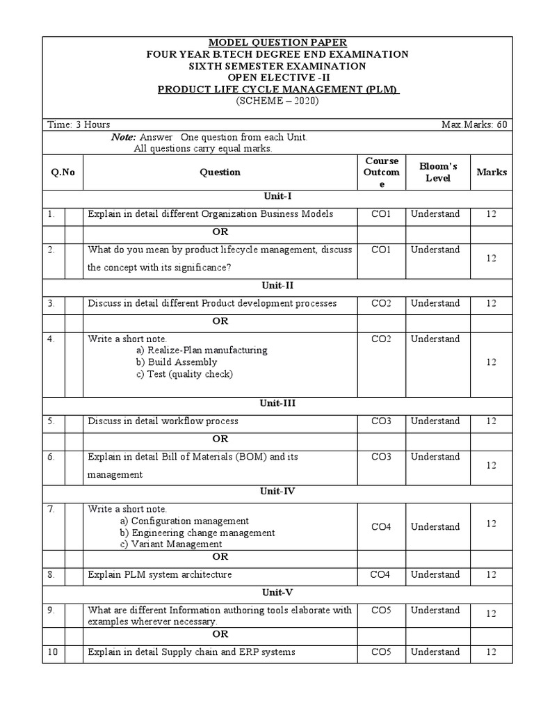 B.Tech PLM Exam Guide | PDF | Product Lifecycle | Production And ...