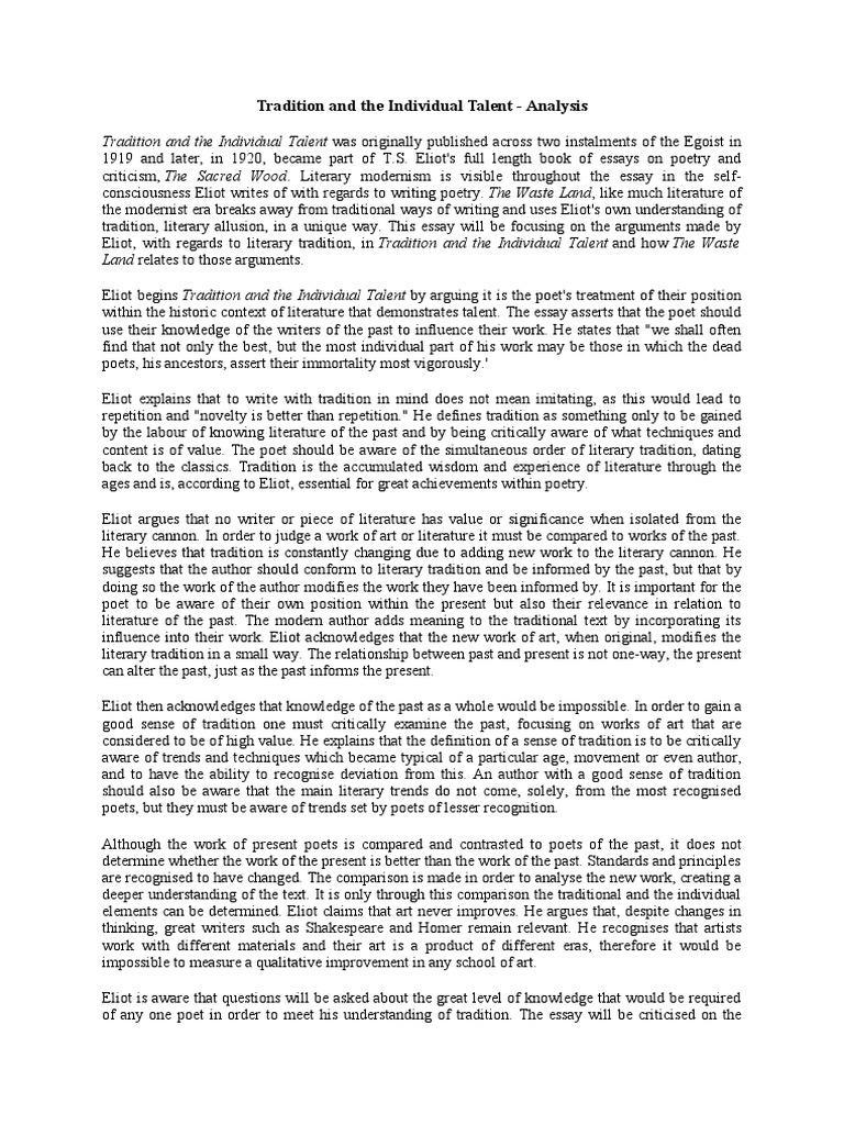 Tradition and The Individual Talent - ANALYSIS | PDF | T. S. Eliot