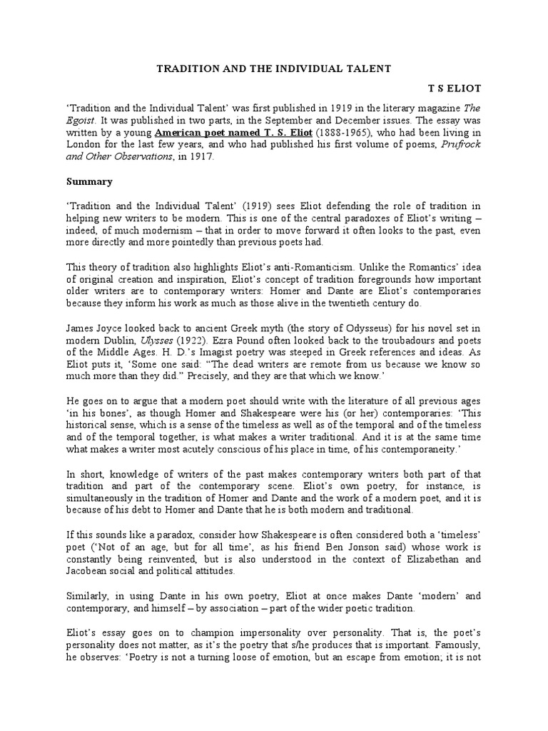 Tradition and The Individual Talent - ANALYSIS2 | PDF | T. S. Eliot ...