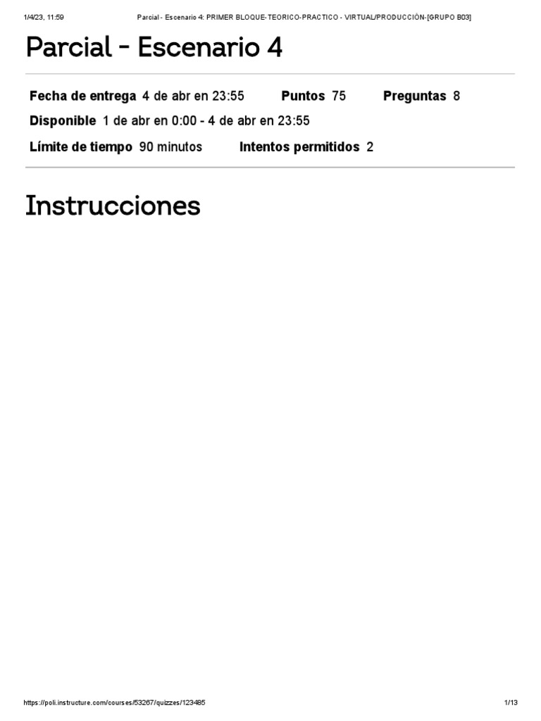 Parcial - Escenario 4 - PRIMER BLOQUE-TEORICO-PRACTICO - VIRTUAL - PRODUCCIÓN - (GRUPO B03) | PDF