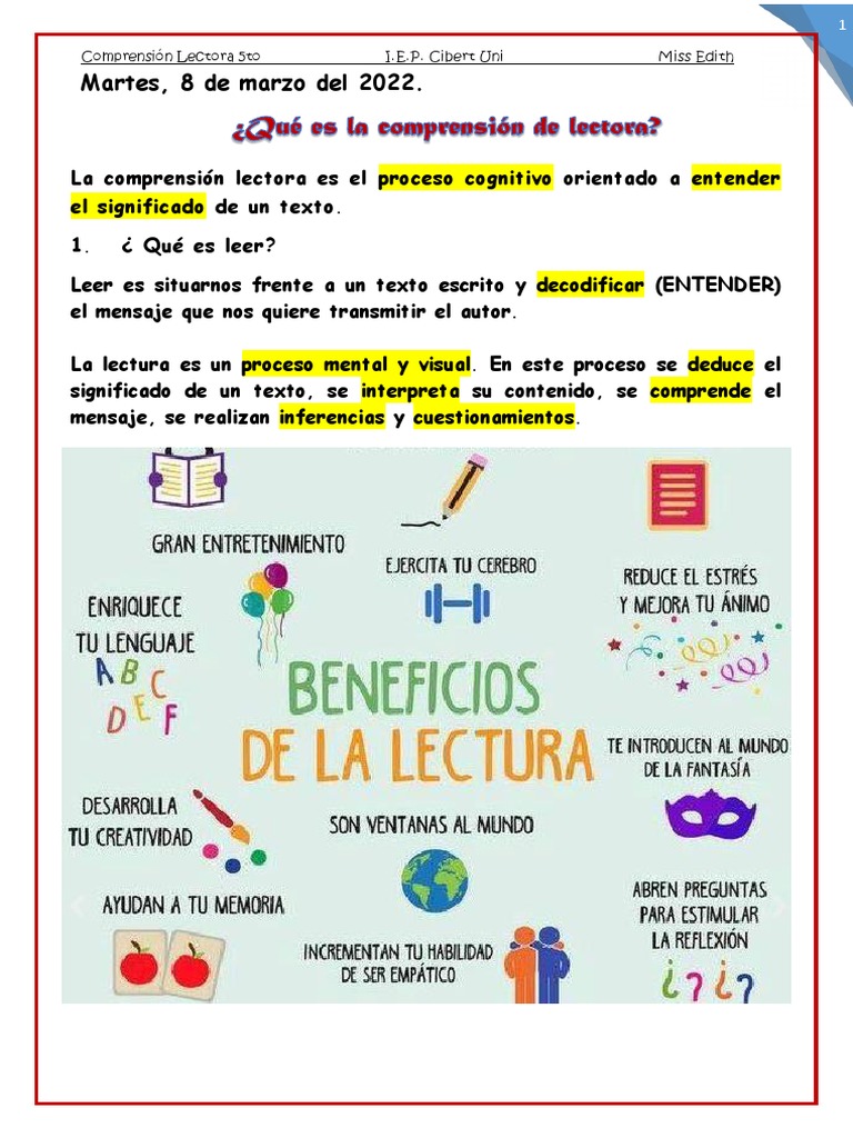 Tema Que Es Comprension Lectora 5to | PDF