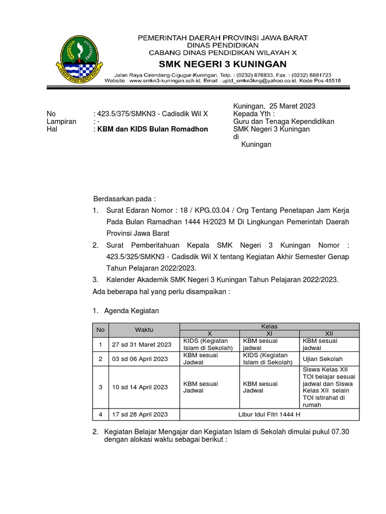 Surat Pemberitahuan KBM Dan KIDS-1 | PDF