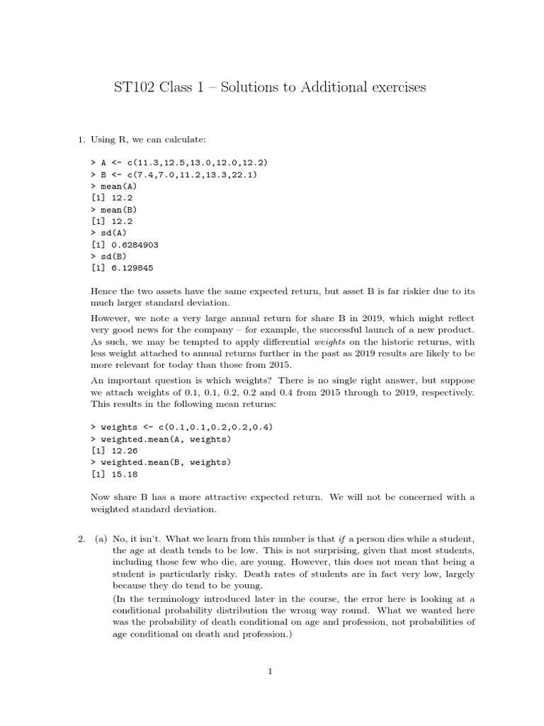 ST102 Class 1 Additional Exercises Solutions | PDF | Standard Deviation