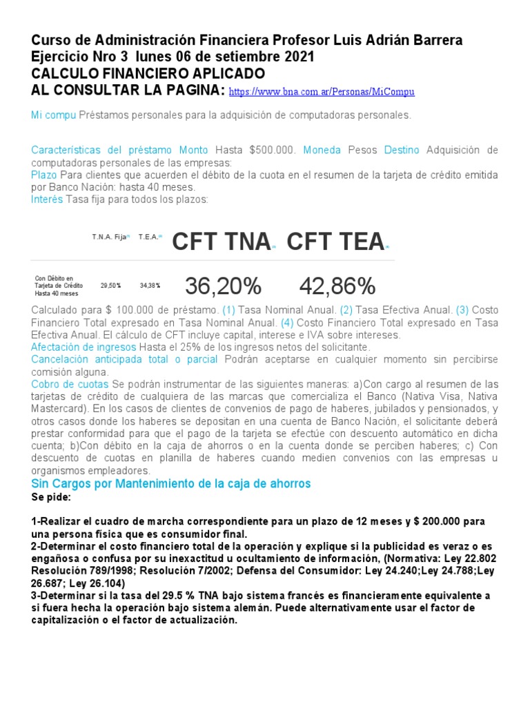 Calculo Financiero Aplicado Ejercicio Nro 3 Equivalencia de Sistemas CFT | PDF | Tarjeta de ...