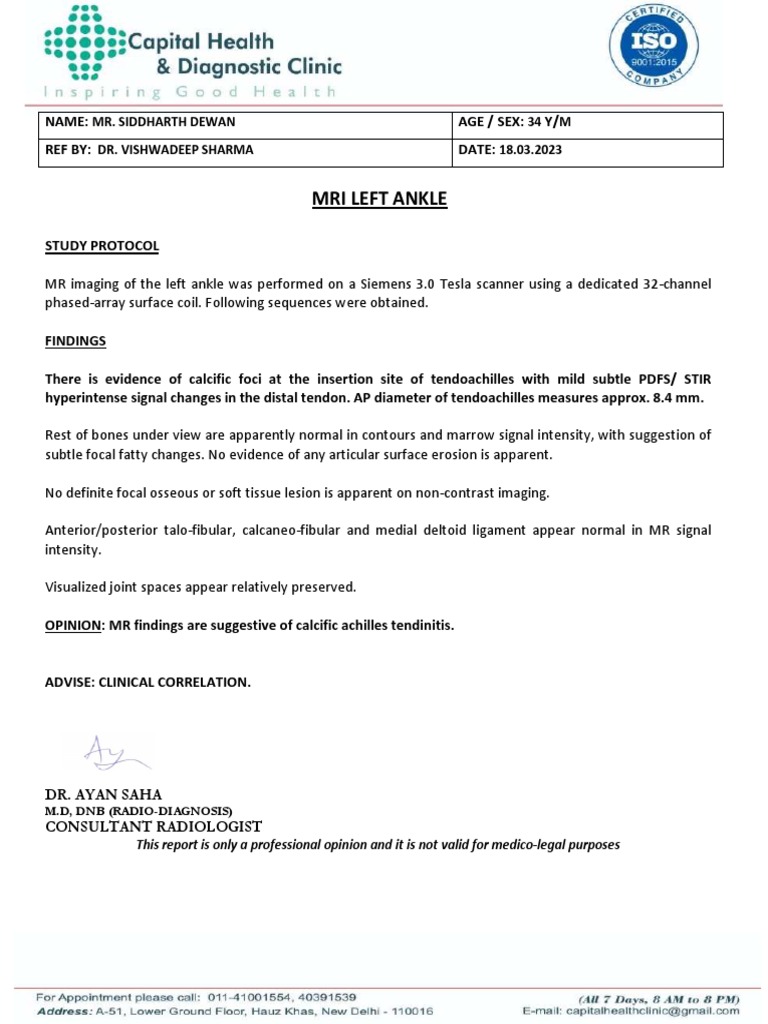 MRI Left Ankle Report for 34Y Male | PDF