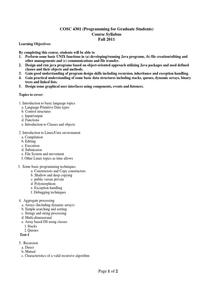 Cosc 4301 Syllabus Skr Pdf Class Computer Programming Computer Program