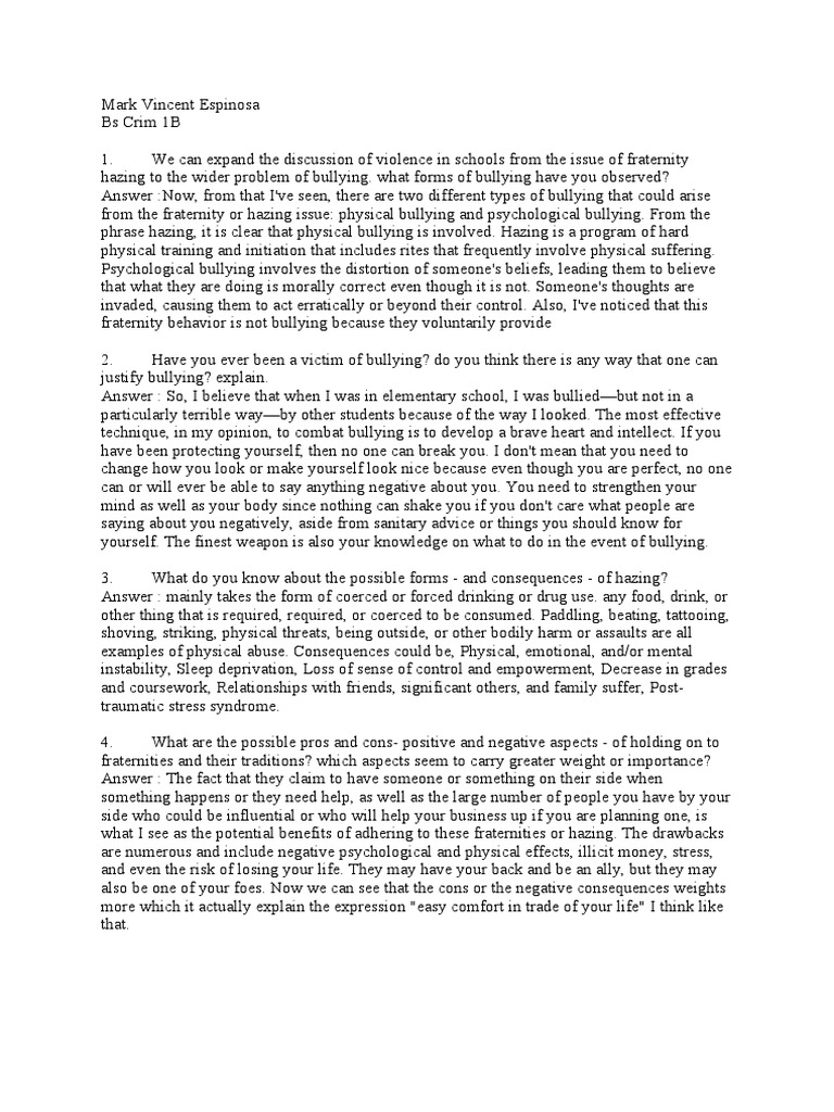 Seatwork3 Espinosa | PDF | Bullying | Psychology