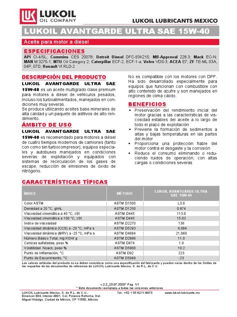 Tds Lukoil Avantgarde Ultra Sae 15w-40 v.2.2 Esp | PDF | Motor diesel ...