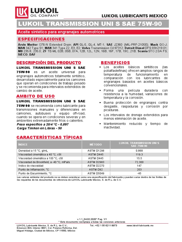 Tds Lukoil Transmission Uni S Sae 75w-90 v.1.1 Esp | PDF | Engranaje ...