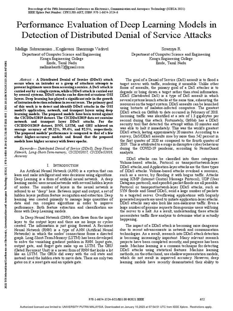 Performance Evaluation Of Deep Learning Models In Detection Of Distributed Denial Of Service