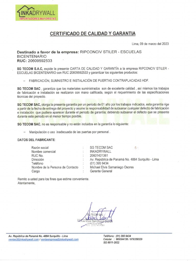 Carta de Garantia Puertas | PDF