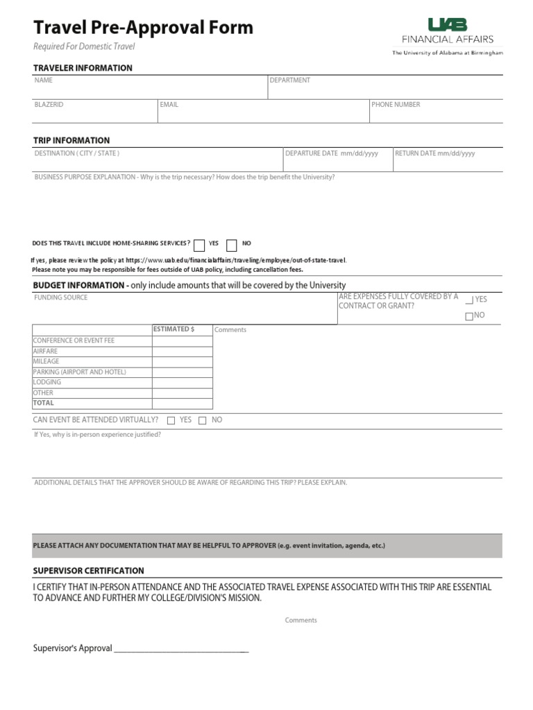Travel Pre-Approval Form V3 | PDF