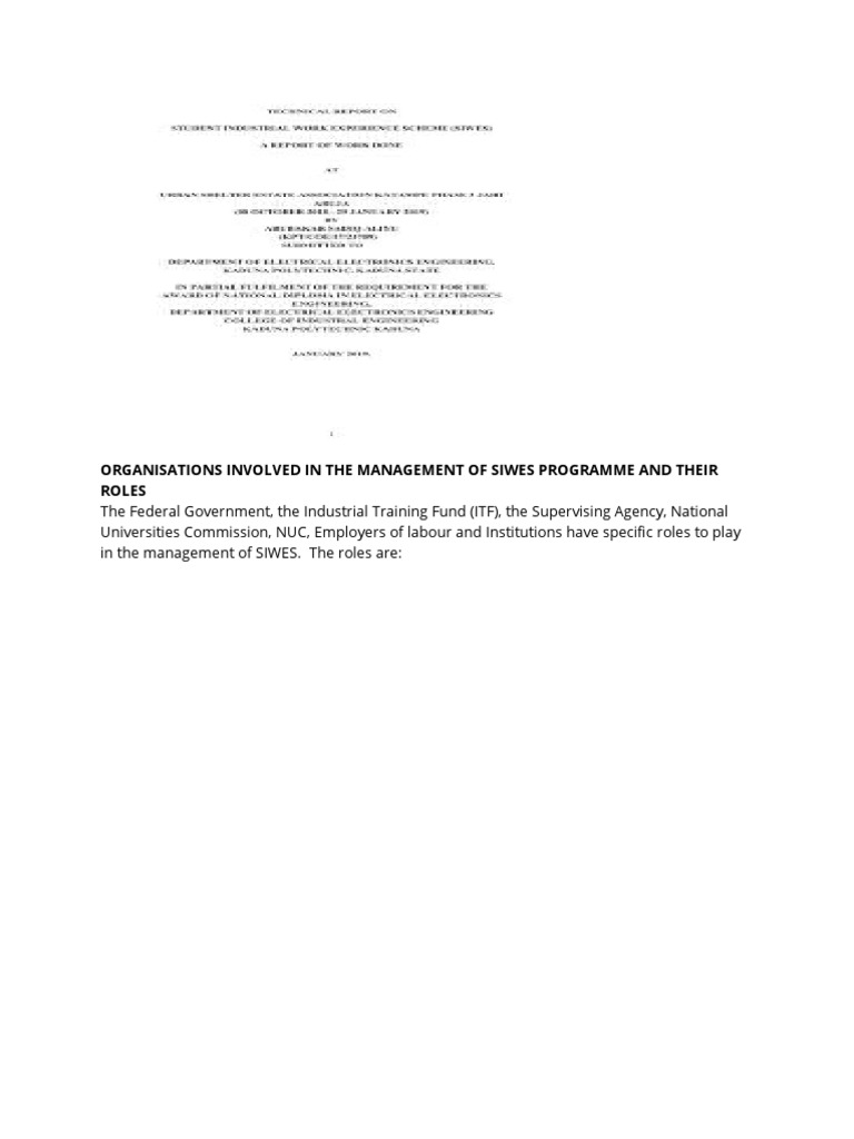 Organisations Involved in The Management of Siwes Programme and Their ...