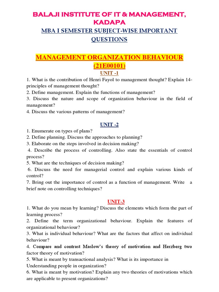 MBA 1st Semester Important Questions | PDF | Regression Analysis ...