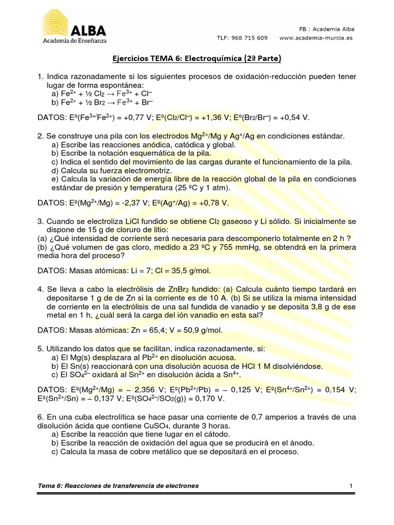 Ejercicios Tema 6 REDOX (2ª PARTE) | PDF | Redox | Corriente eléctrica