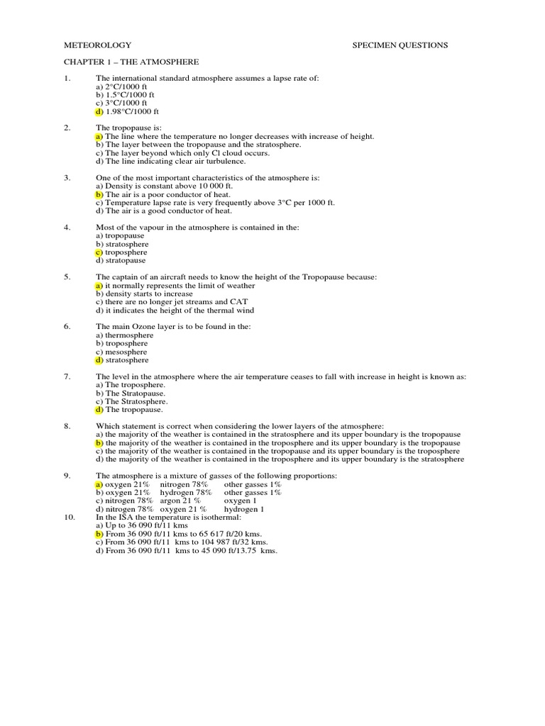 Meteorology Specimen Questions | PDF | Atmosphere Of Earth | Troposphere