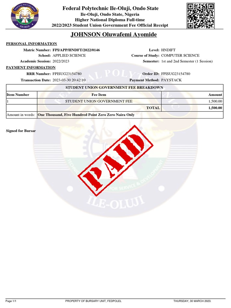 Student Union Government Fee Receipt | PDF