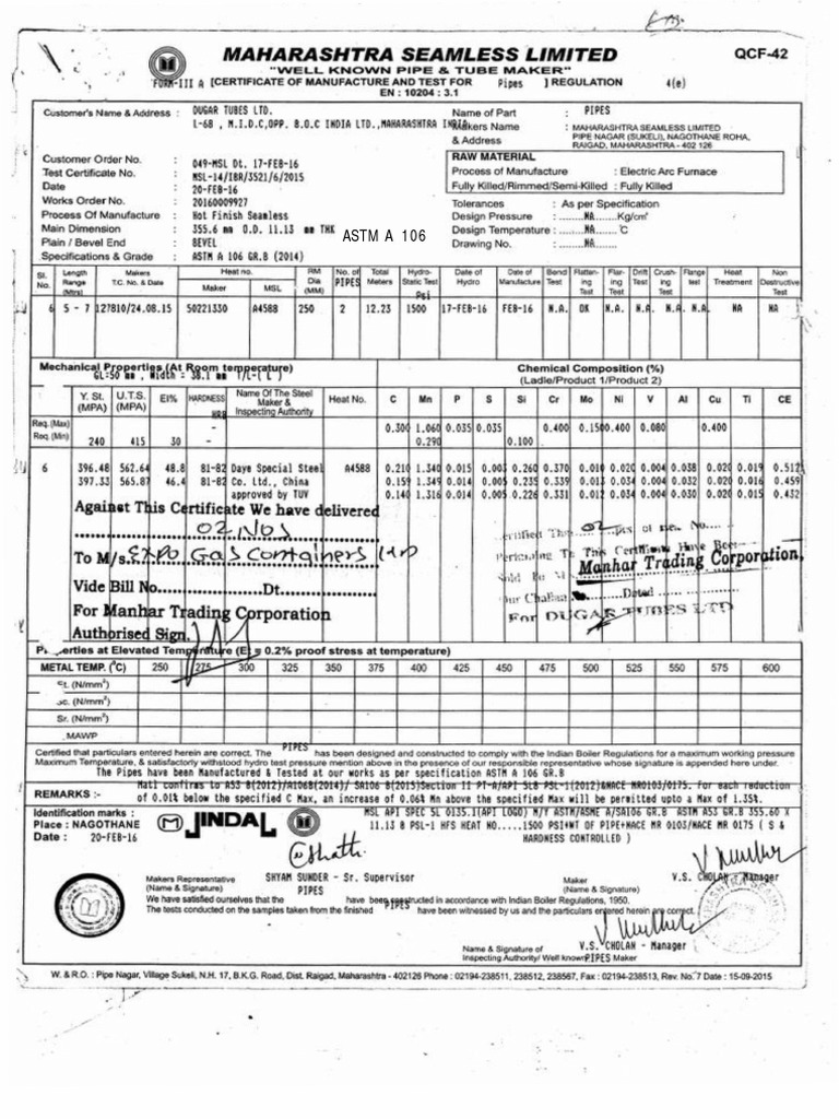 MAHARASHTRA SEAMLESS LIMITED CERTIFICATE OF MANUFACTURE AND TEST FOR ...