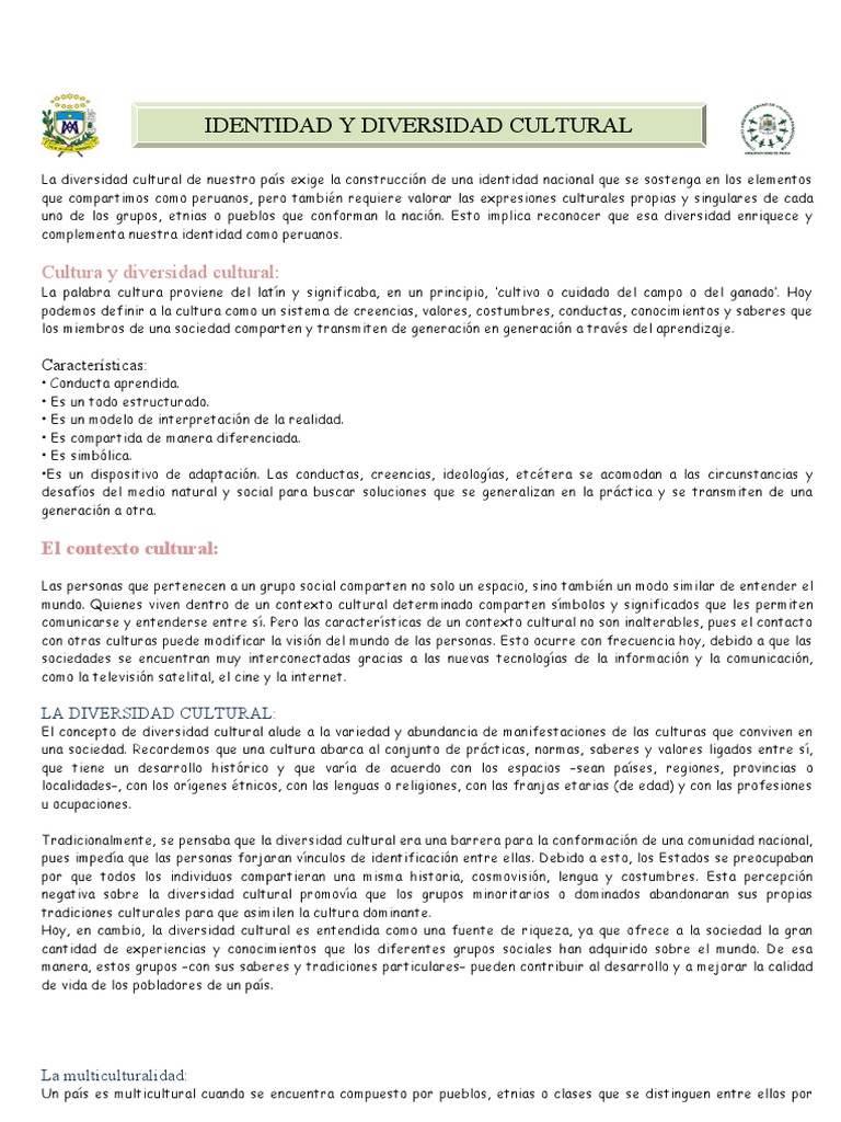 FICHA N 03 IDENTIDAD Y DIVERSIDAD CULTURAL (2DO Sec) | PDF ...