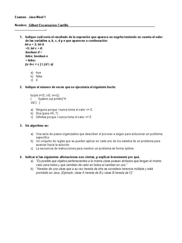 Examen Java | PDF | Java (lenguaje de programación) | Algoritmos