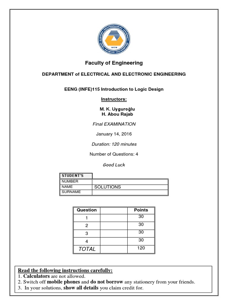 EENG (INFE) 115 Final Exam-Solution | PDF | Logic Gate | Theoretical ...