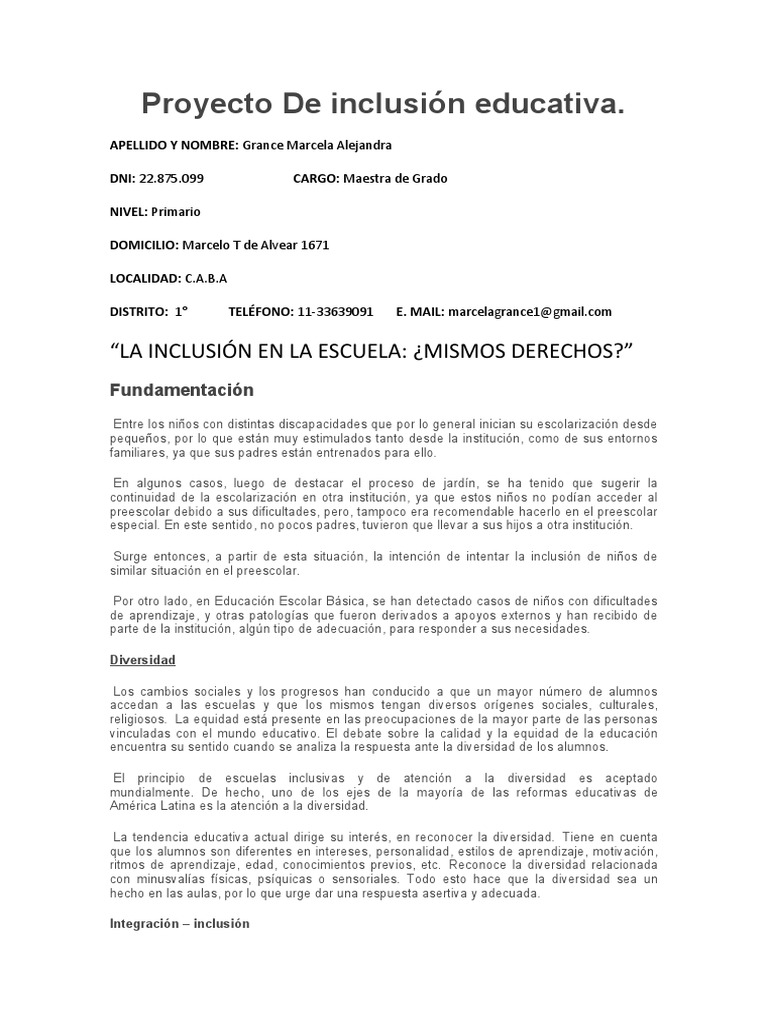 Proyecto de Inclusión Educativa | PDF | Inclusión (Educación) | Enseñando