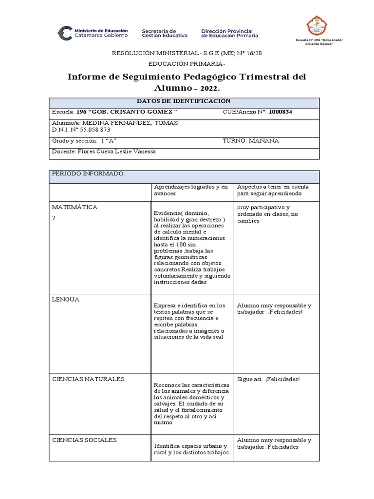 Informe de Seguimiento Pedagógico Trimestral Del Alumno: - Datos de Identificación | PDF ...