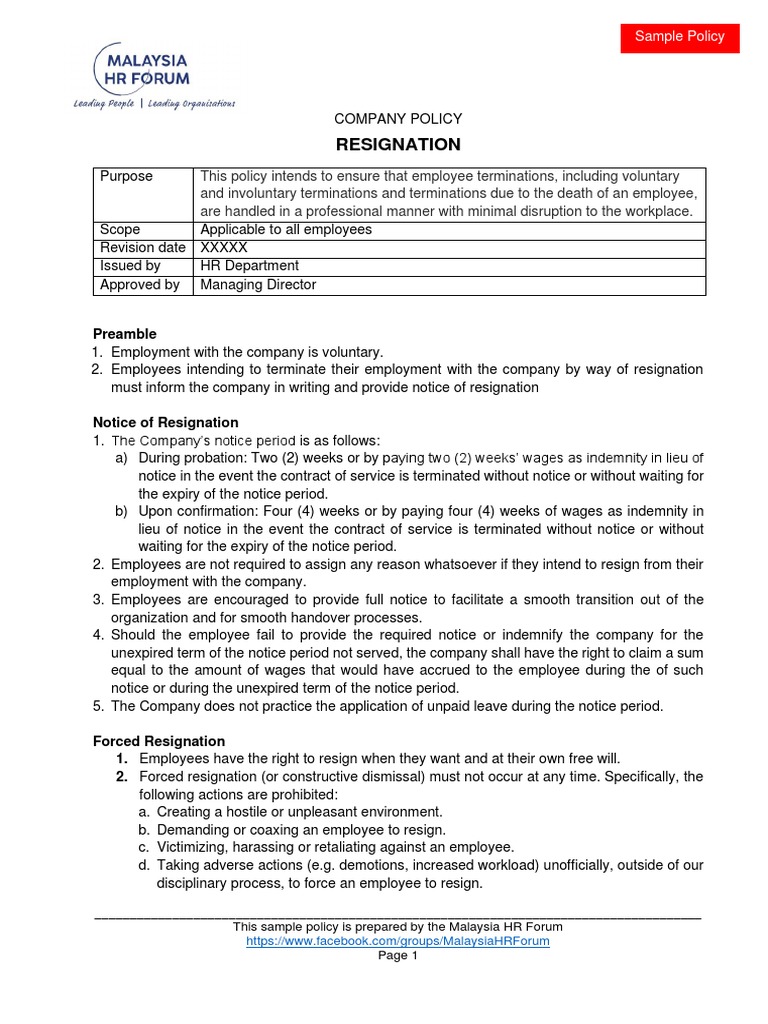 Sample COMPANY POLICY - RESIGNATION | PDF | Employment | Non Disclosure ...