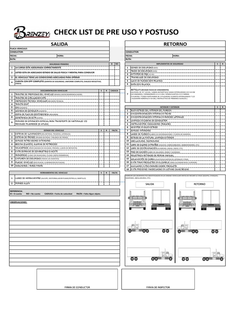 Checklist de pre uso y postuso para transporte de carga | PDF ...