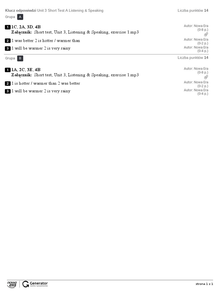 Unit 3 Short Test A Listening Speaking Klucz Odpowiedzi Pdf