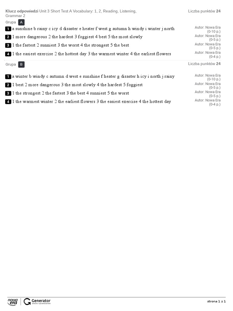Unit 3 Short Test A Vocabulary 1 2 Reading Listening Grammar 2