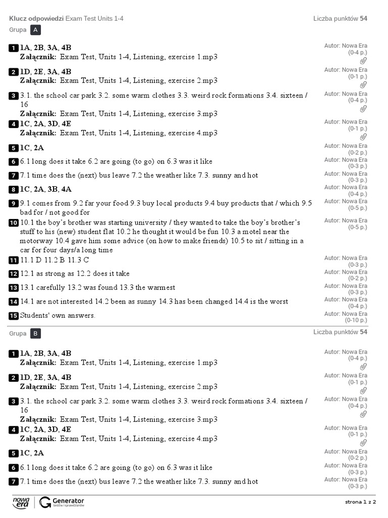 Exam Test Answers for Units 1-4 | PDF | Tests | Educational Assessment ...