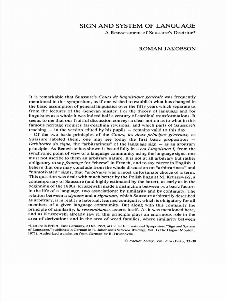 Jakobson - Sign and System of Language - A Reassessment of Sassure's ...