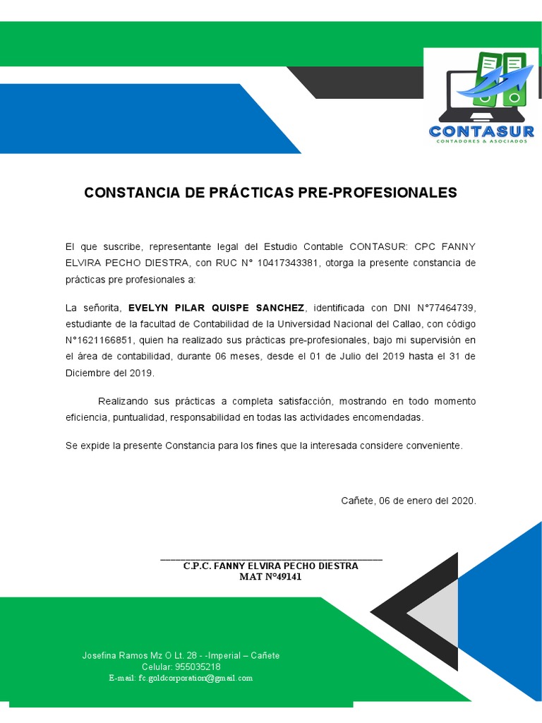 Constancia de prácticas pre-profesionales de contabilidad para Evelyn Pilar Quispe Sánchez y ...