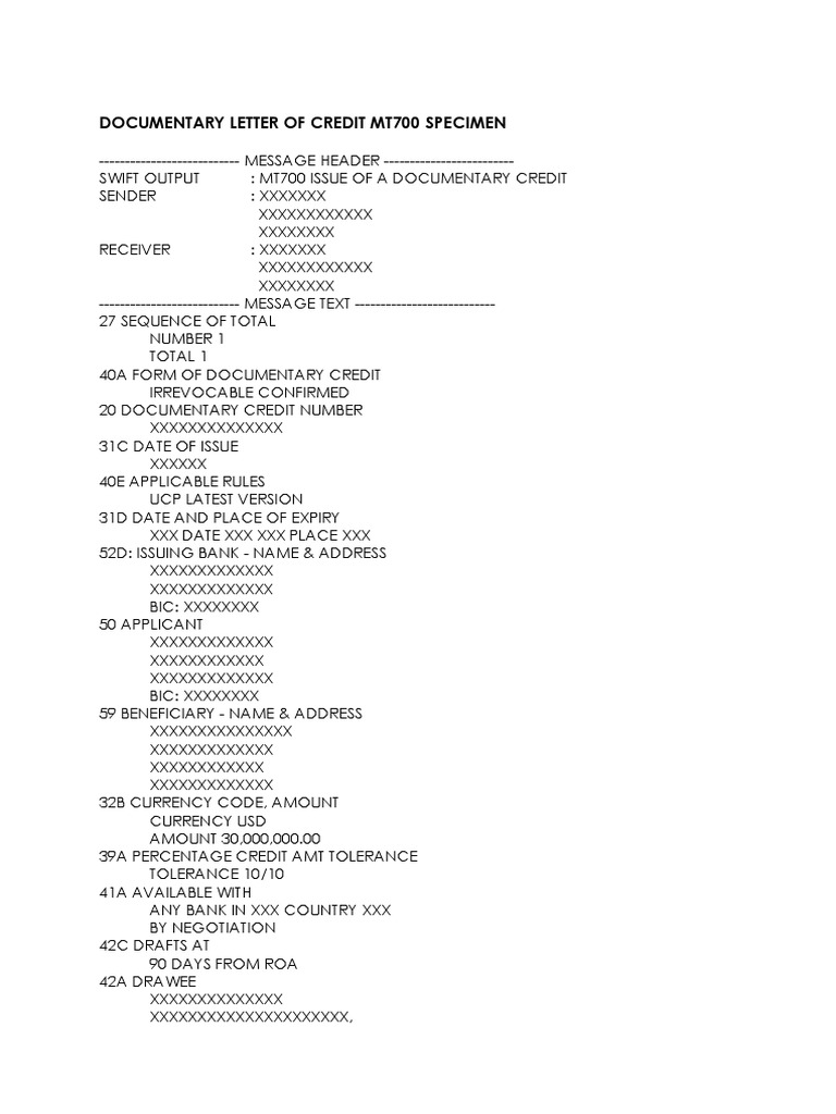 Documentary Letter of Credit MT700 Specimen | PDF | Letter Of Credit ...