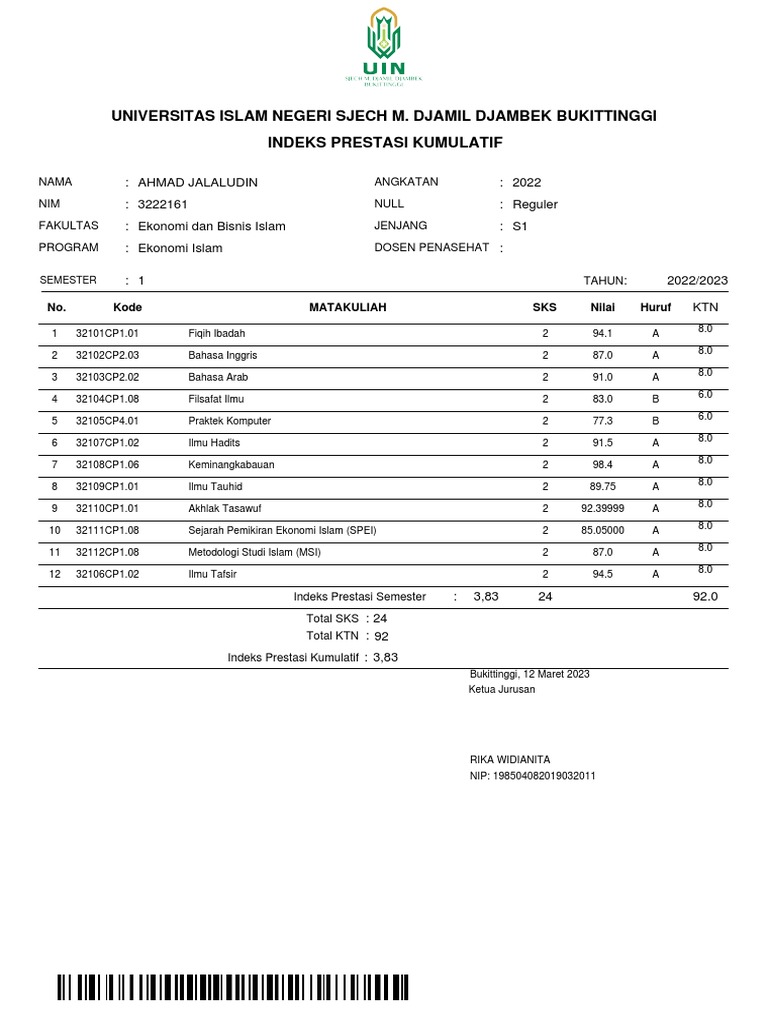 Nilai Ipk Sms 1 | PDF