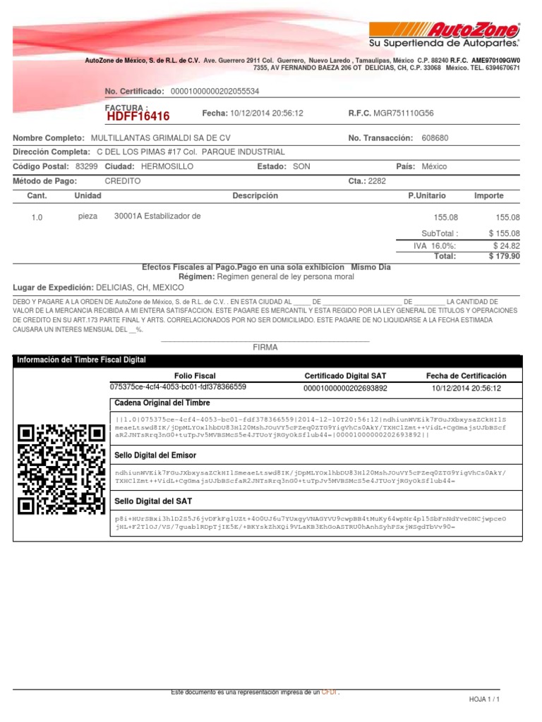 Hdff16416: Autozone de México, S. de R.L. de C.V. R.F.C. Ame970109Gw0 | PDF