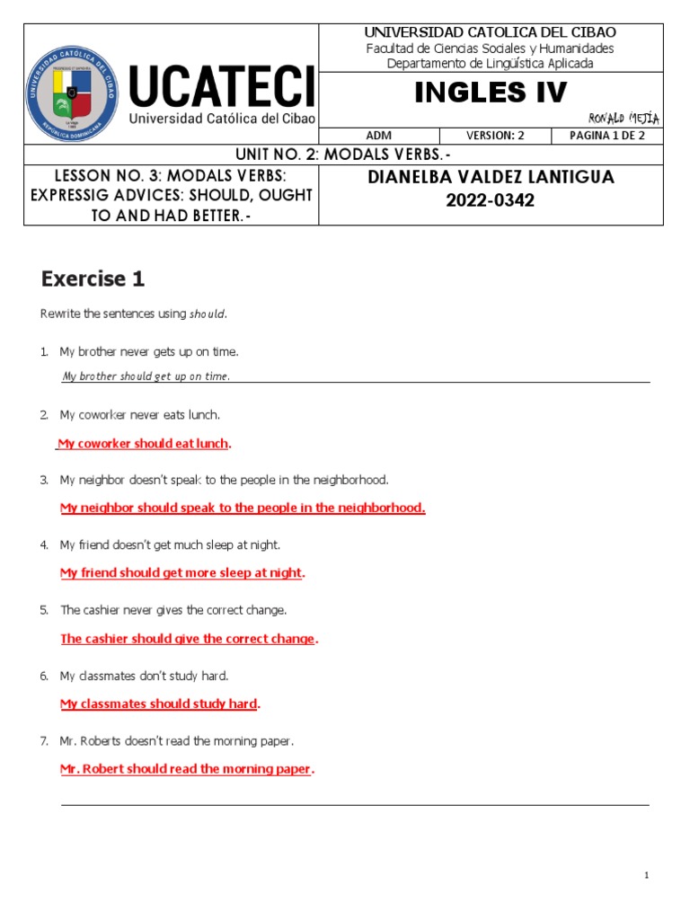 Practice No. 2. 1 - Modals Verbs - Expressig Advices - Should, Ought To ...
