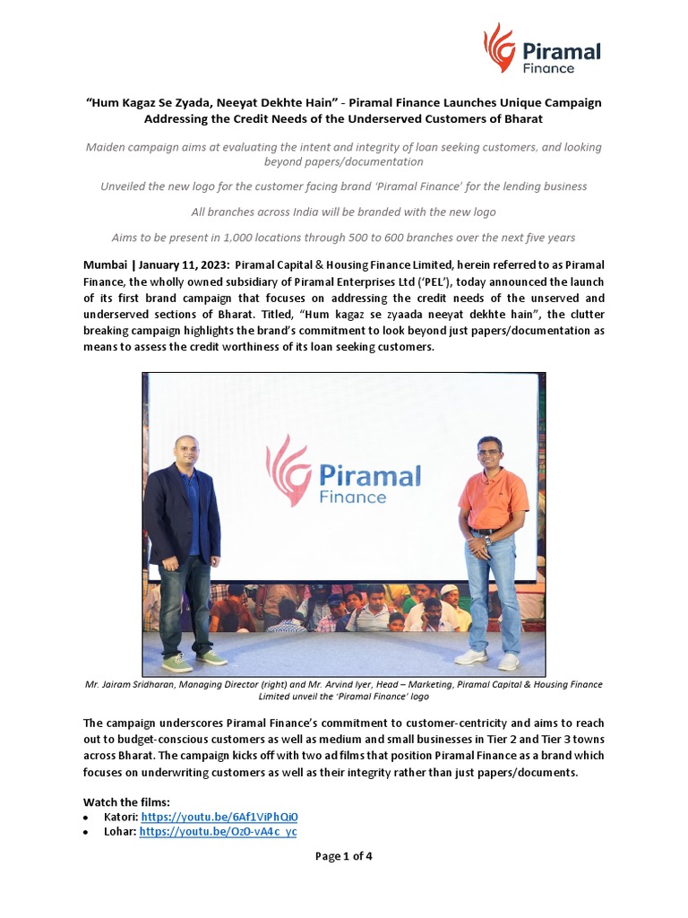 Press Release Piramal Finance Brand Campaign | PDF | Loans | Reserve ...