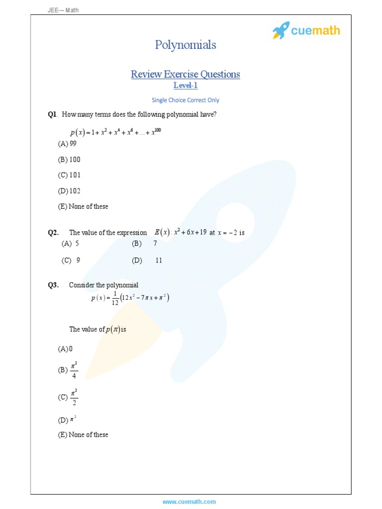 Polynomials: Review Exercise Questions | PDF | Polynomial | Mathematics
