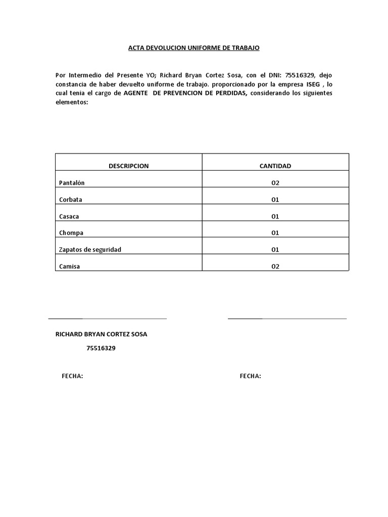 Acta Devolucion Uniforme de Trabajo | PDF