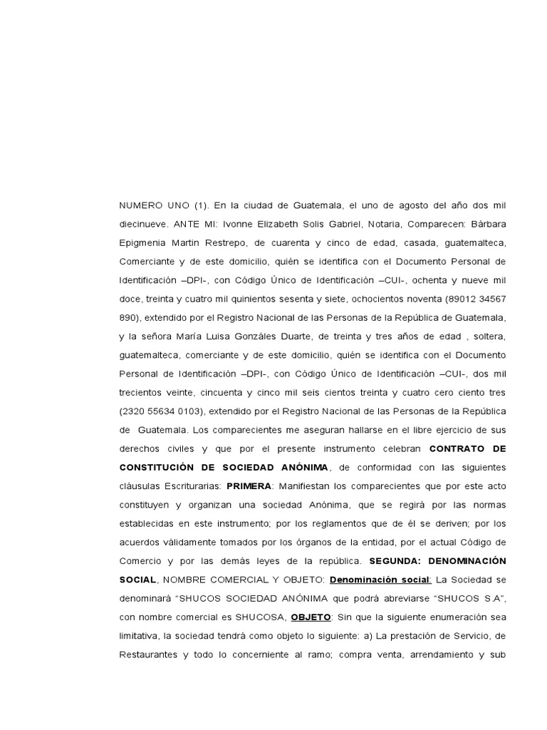 Escritura Constitutiva de Sociedad Mercantil | PDF | Sociedad de responsabilidad limitada ...