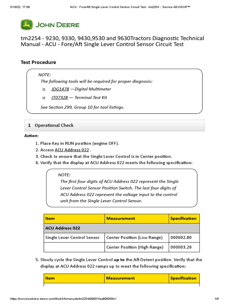 ACU - Fore - Aft Single Lever Control Sensor Circuit Test - tm2254 ...